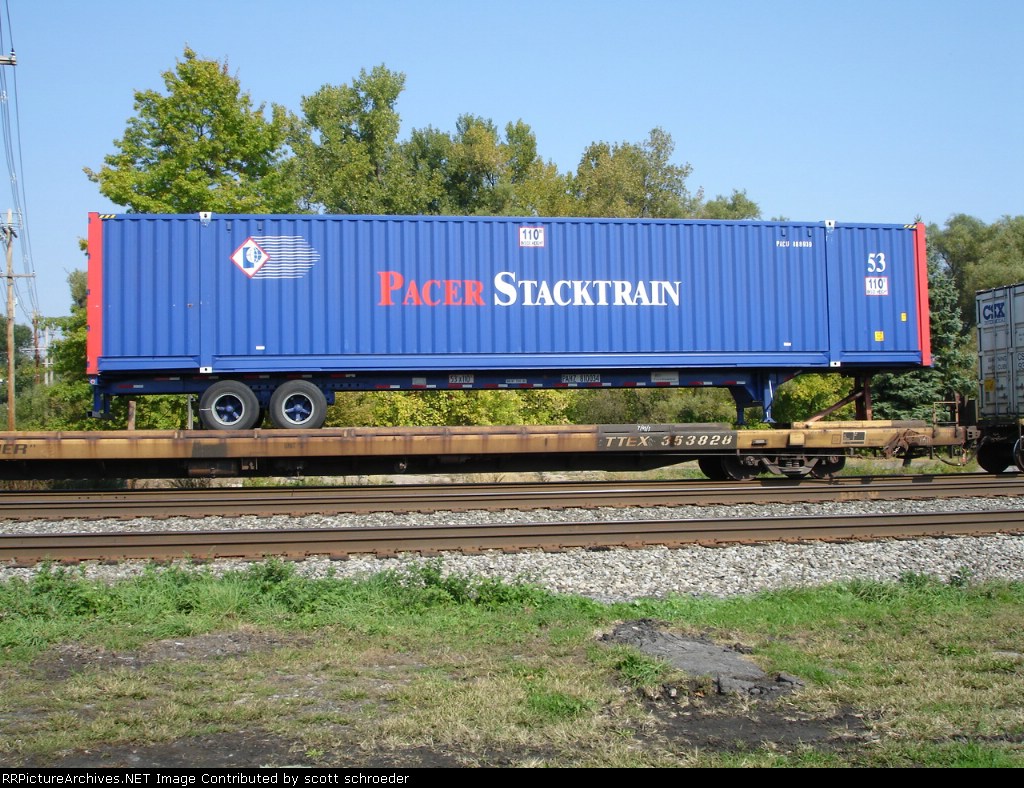 TTEX Flatcar (east half) 353828 w/PACU Container 888919 on PAHZ chassis 810034 EB